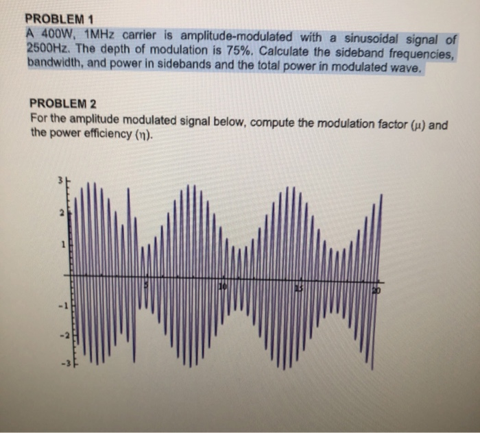 Solved PROBLEM 1 A 400W, 1MHz carrier is amplitude-modulated | Chegg.com