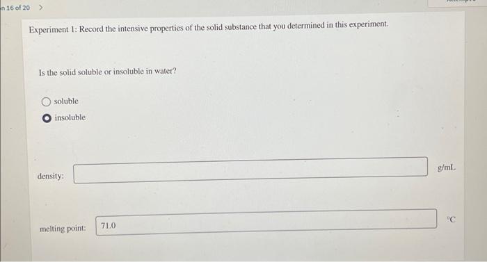 Experiment 1: Record the intensive properties of the | Chegg.com