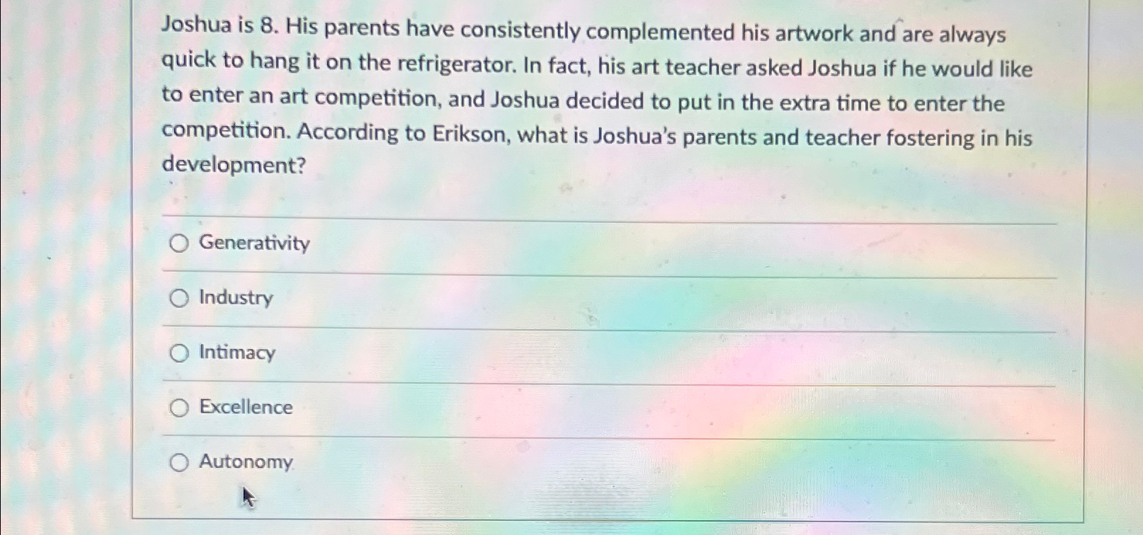 Solved Joshua is 8. ﻿His parents have consistently | Chegg.com