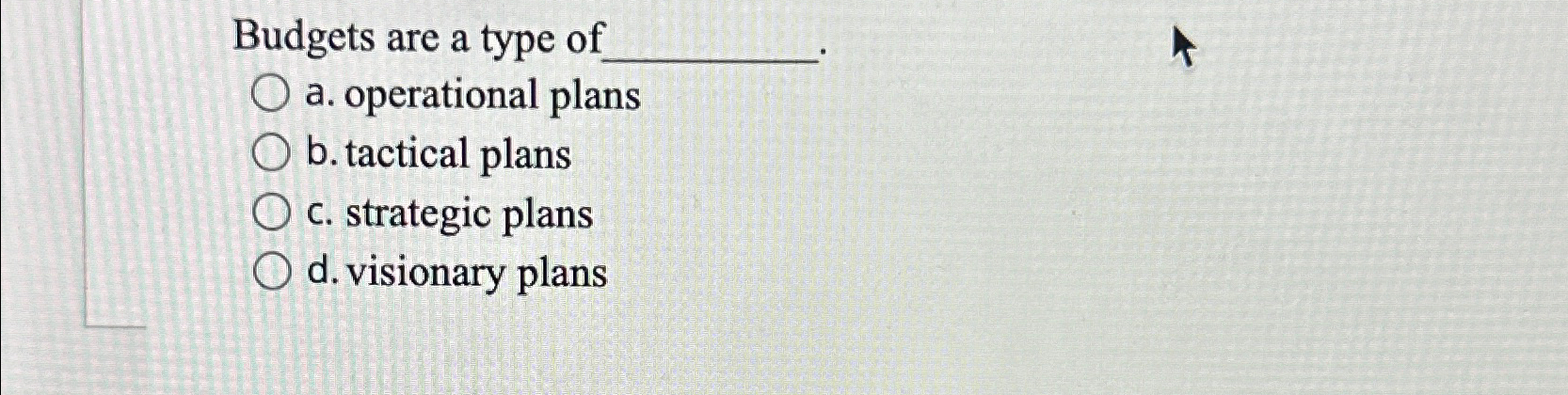 Solved Budgets are a type ofa. ﻿operational plansb. | Chegg.com
