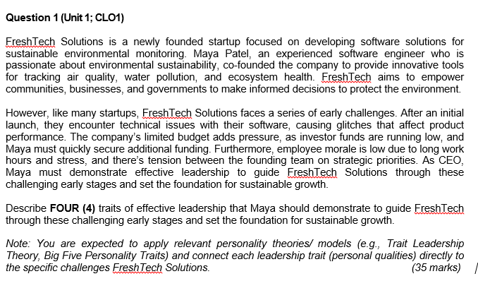 Solved Question 1 (Unit 1; CLO1) ﻿FreshTech Solutions is a | Chegg.com