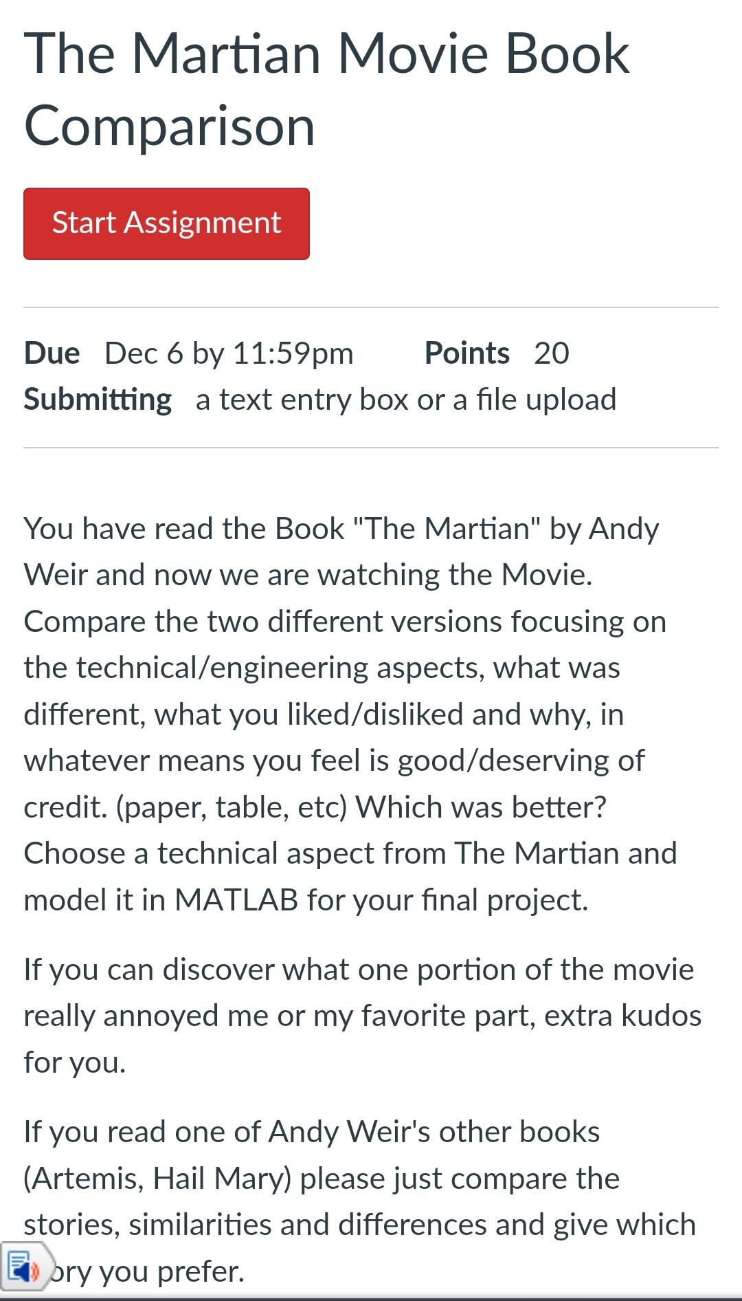 Solved The Martian Movie Book Comparison Due Dec 6 by | Chegg.com