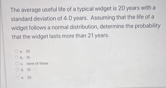 Solved The average useful life of a typical widget is 20 | Chegg.com