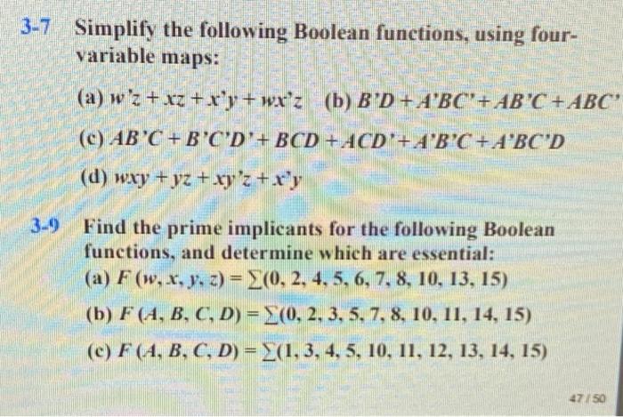 Solved 3-7 Simplify the following Boolean functions, using | Chegg.com
