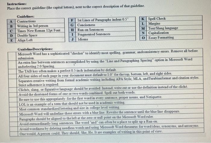 Instructions: Place the correct guideline (the | Chegg.com