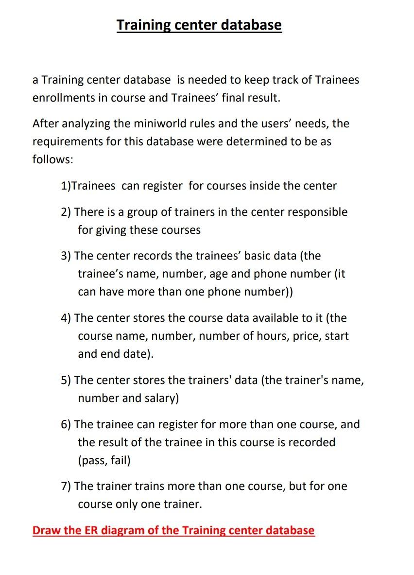 Solved Training center database a Training center database | Chegg.com
