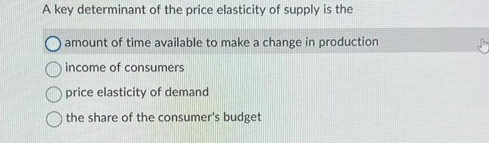 Solved A key determinant of the price elasticity of supply | Chegg.com