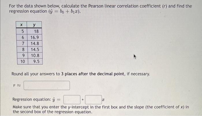 Solved For the data shown below, calculate the Pearson | Chegg.com