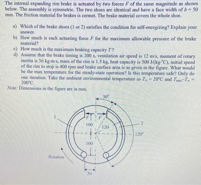Solved The internal expanding rim brake is actuated by two | Chegg.com