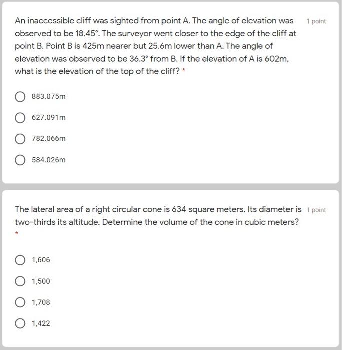 Solved 1 point An inaccessible cliff was sighted from point | Chegg.com