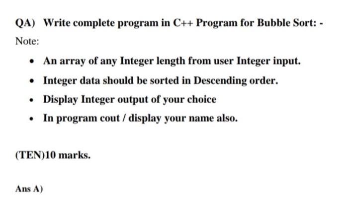 Solved Qa Write Complete Program In C Program For Bubble 1020