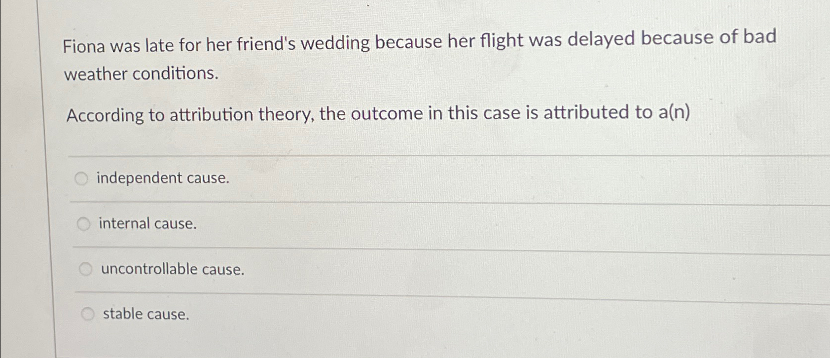Solved Fiona was late for her friend's wedding because her | Chegg.com