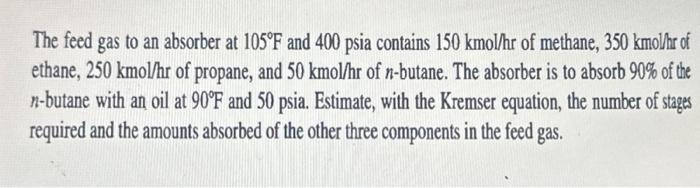 Solved The feed gas to an absorber at 105∘F and 400 psia | Chegg.com