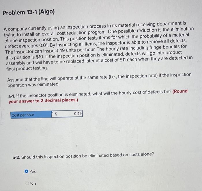 Solved A company currently using an inspection process in | Chegg.com