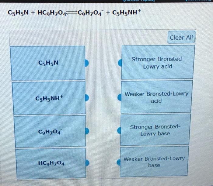 Solved C5H5N + HC9H7049C9H704 + C5H5NH Clear All C5H5N | Chegg.com