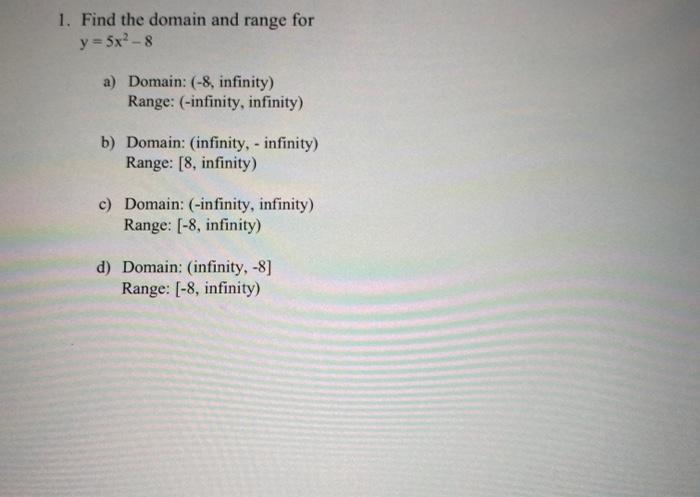Solved 1. Find the domain and range for y = 5x²-8 a) Domain: | Chegg.com