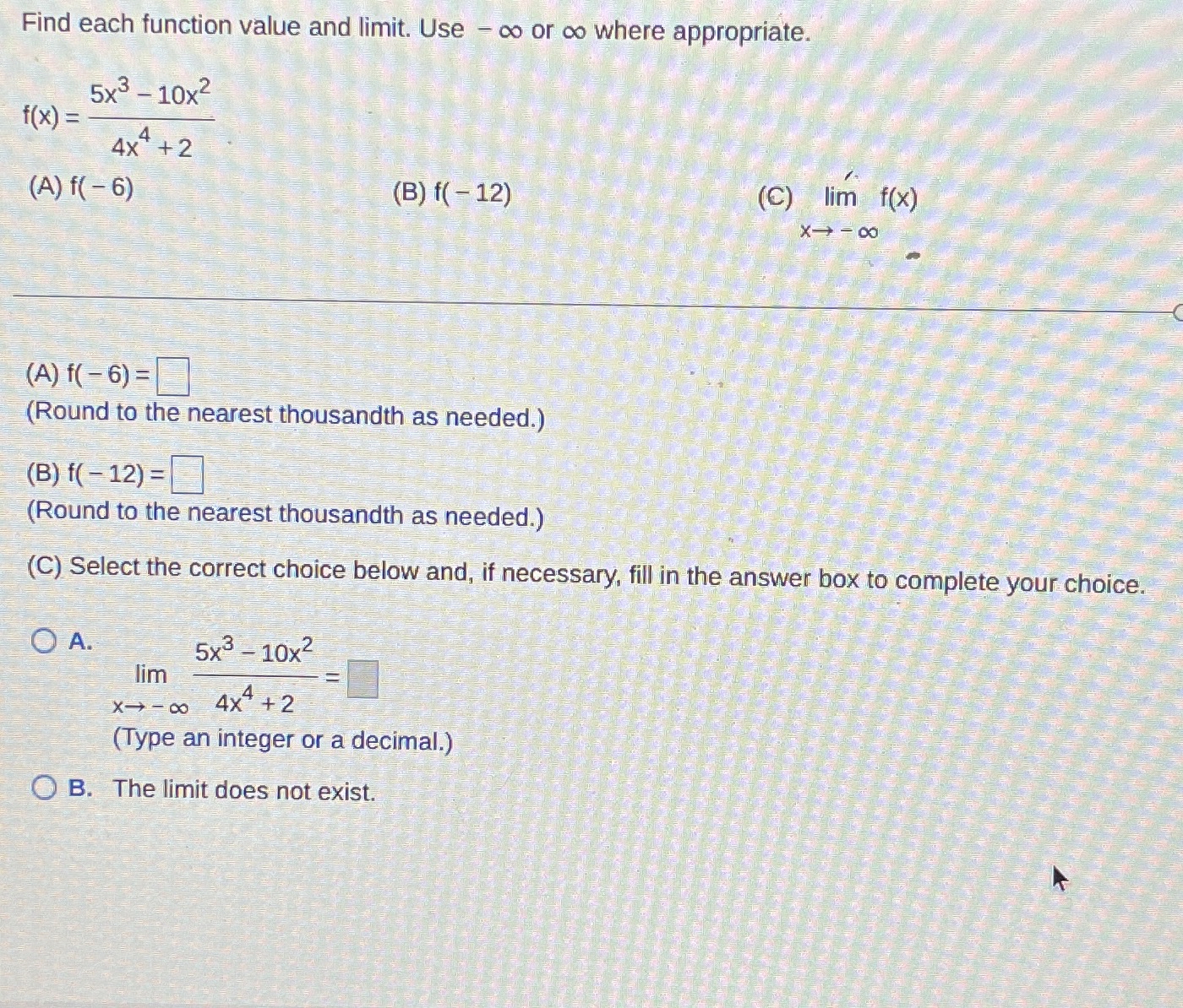 Solved Find each function value and limit. ﻿Use -∞ ﻿or ∞ | Chegg.com