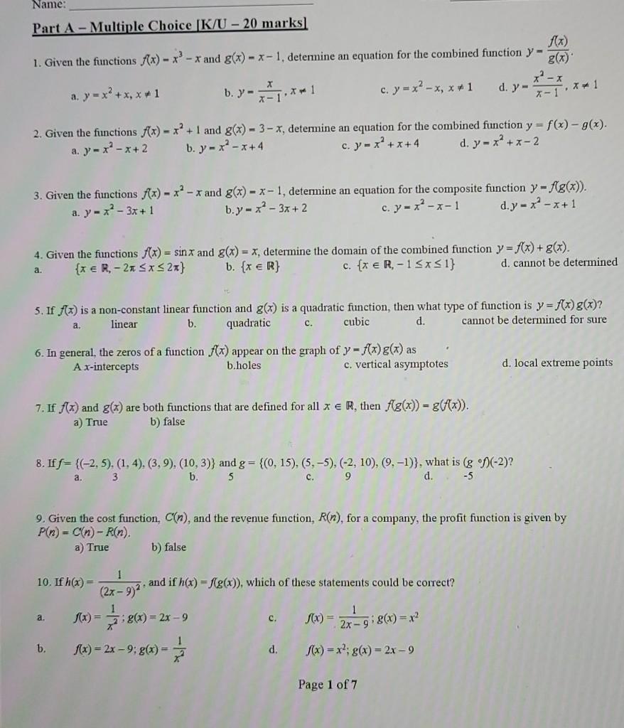 Solved Name: 8(x) Part A - Multiple Choice (K/U - 20 marks | Chegg.com