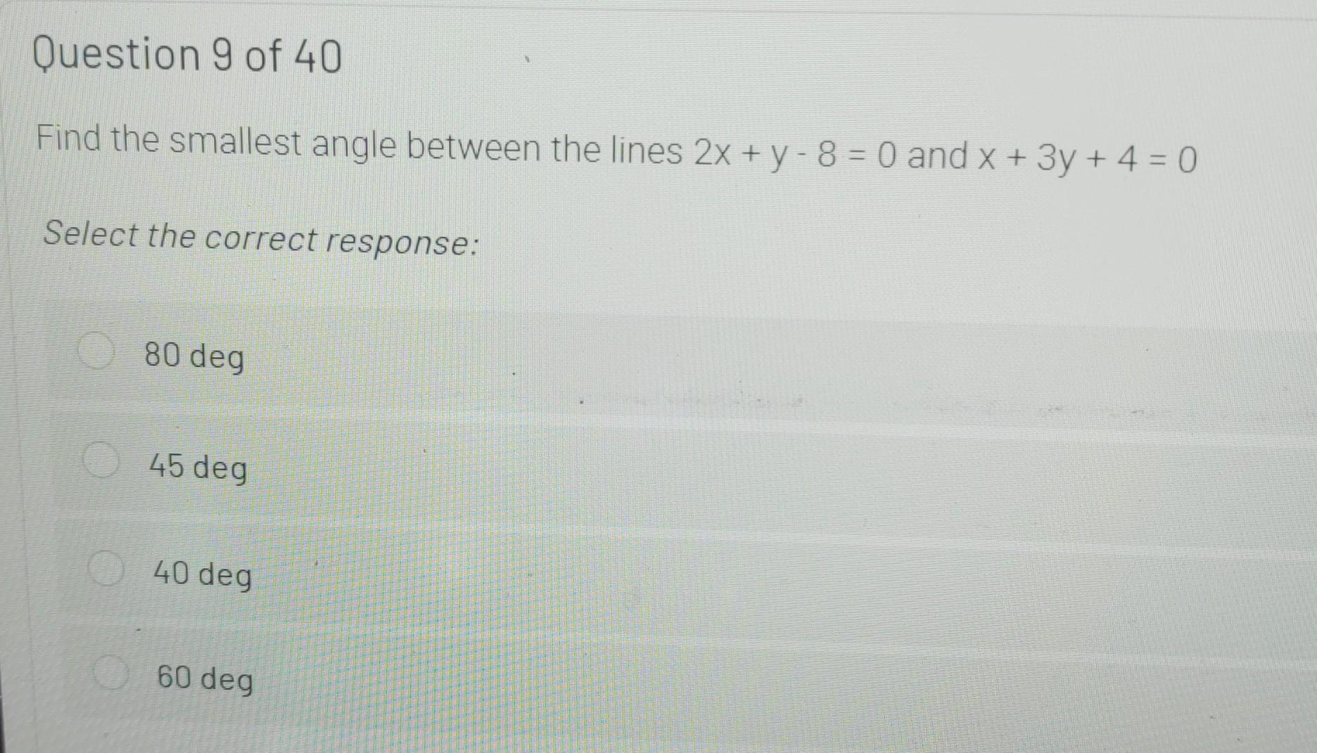 Solved Find the smallest angle between the lines 2x+y−8=0 | Chegg.com