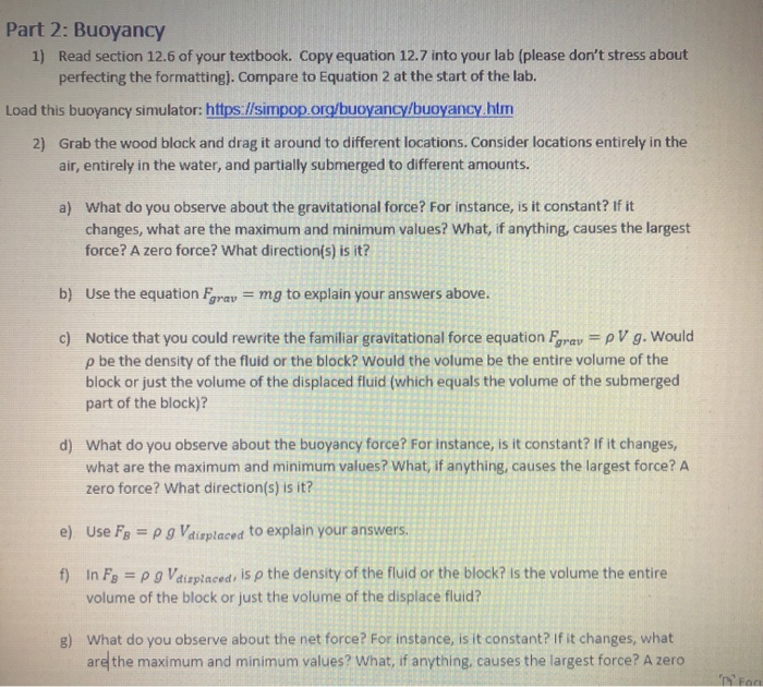 Solved Part 2: Buoyancy 1) Read section 12.6 of your | Chegg.com