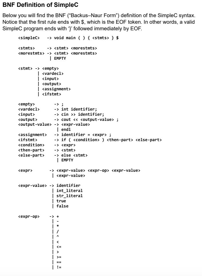 Solved SimpleCThe SimpleC language is a very simple subset | Chegg.com