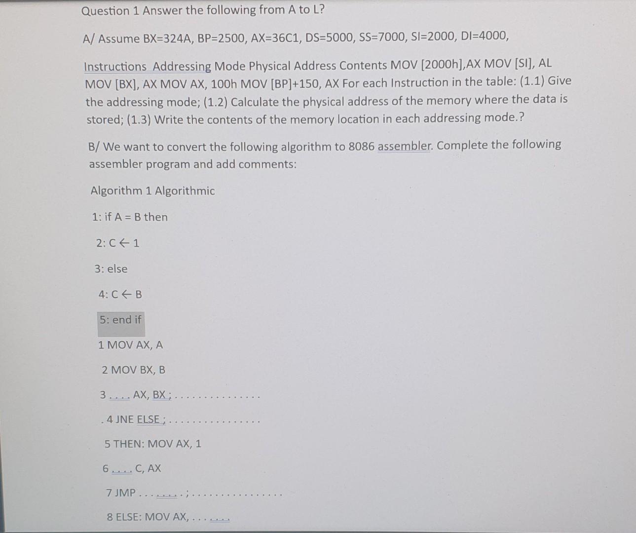 Solved Question 1 Answer the following from A to L ? A/ | Chegg.com