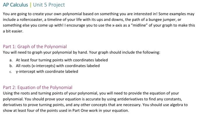 AP Calculus Unit 5 Project You are going to create | Chegg.com