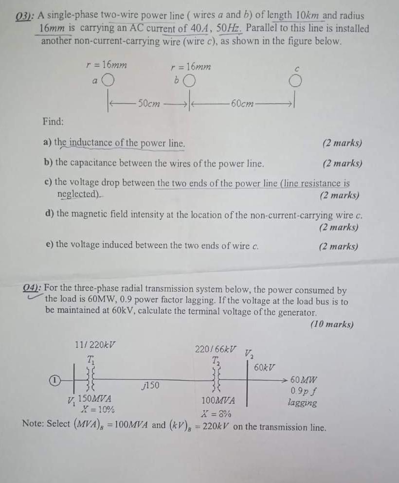 Solved 03): A single-phase two-wire power line (wires a and | Chegg.com