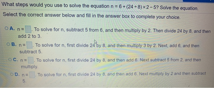 Solved What steps would you use to solve the equation n = | Chegg.com