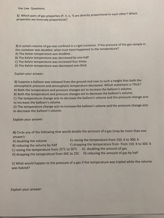 Solved Gas Law Questions: 1) Which pairs of gas properties | Chegg.com