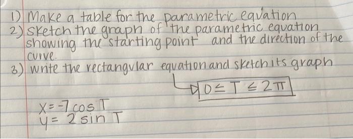 Solved 1) Make a table for the parametric equation 2) Sketch | Chegg.com