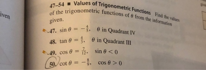 Solved 47-54 · Values of Trio of the trigonometric fu es of | Chegg.com