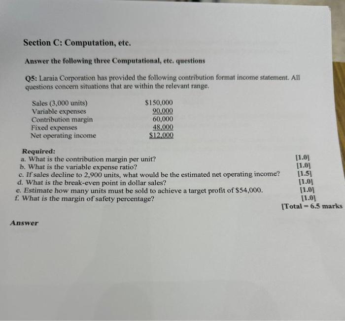 Solved Section C: Computation, etc. Answer the following | Chegg.com