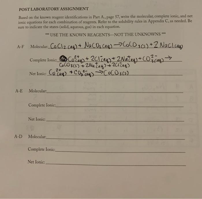 Solved A. KNOWN REAGENTS Reagent Code Reagent Color Reagent | Chegg.com