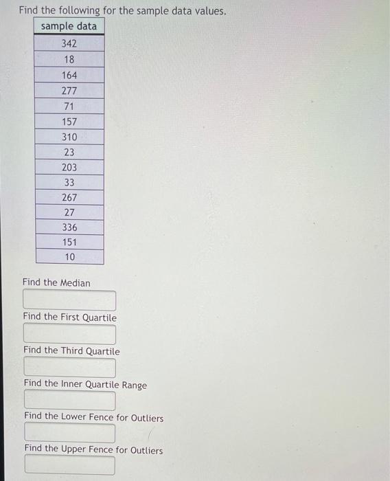 Solved Find the following for the sample data values. sample | Chegg.com