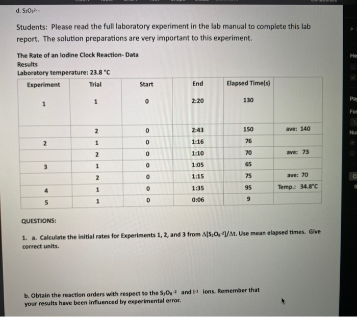 Solved RATE OF THE IODINE CLOCK REACTION - ONLINE | Chegg.com