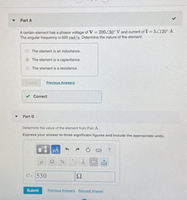 Solved Part A A certain element has a phasor voltage of V | Chegg.com