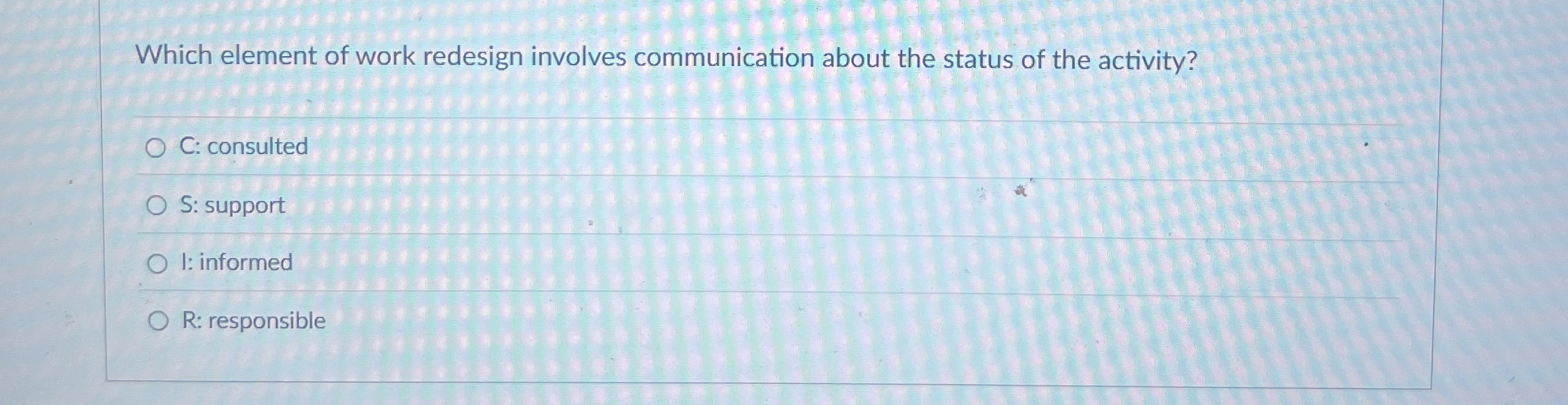 Solved Which element of work redesign involves communication | Chegg.com