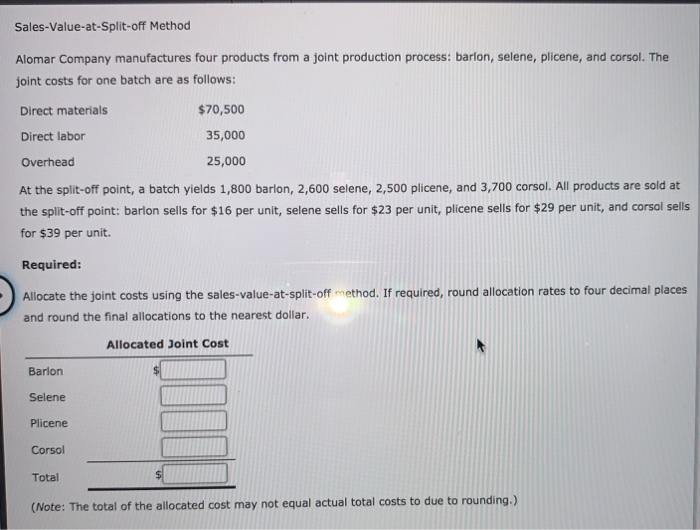 Solved Sales-Value-at-Split-off Method Alomar Company | Chegg.com