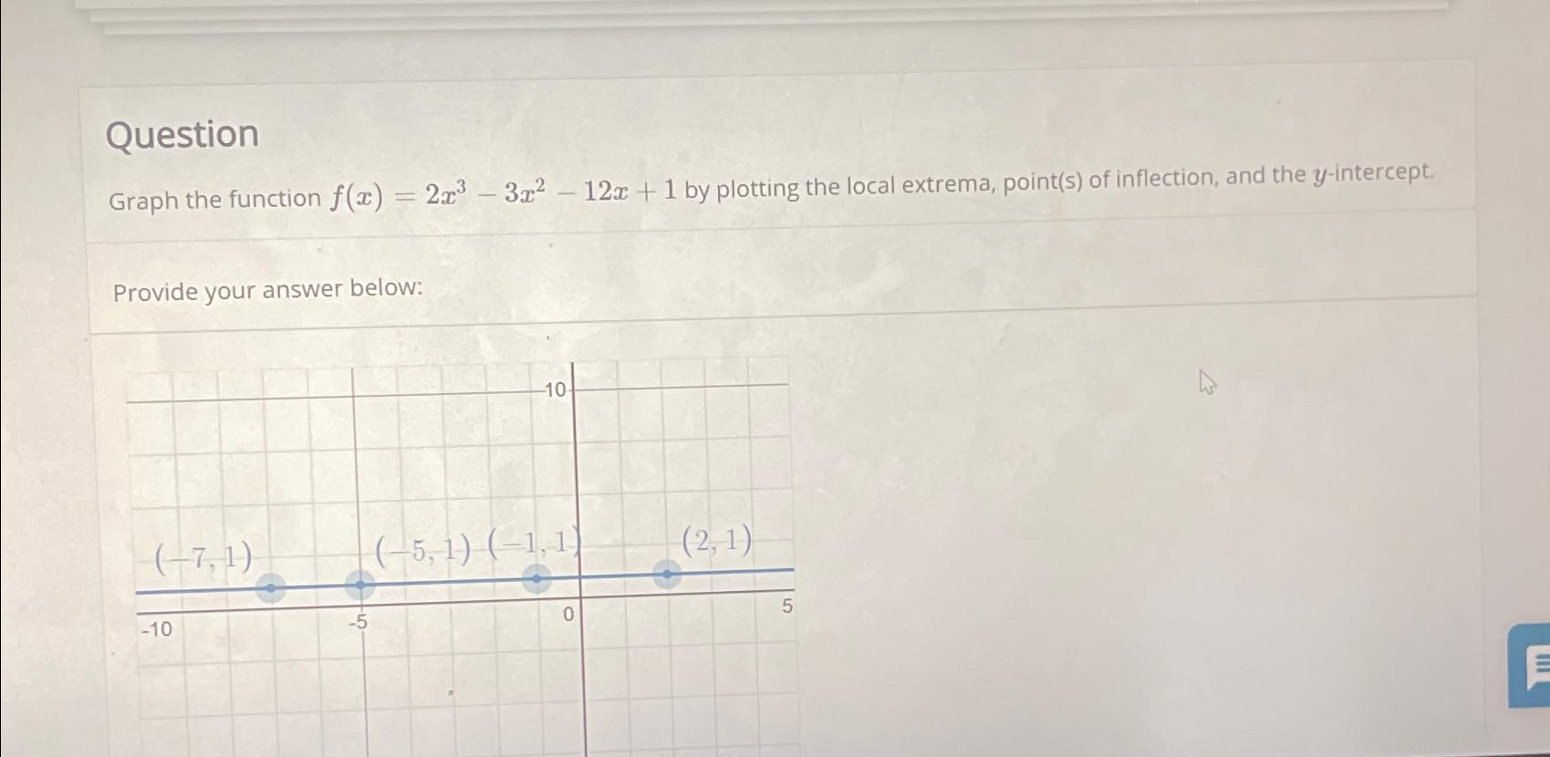 Solved QuestionGraph the function f(x)=2x3-3x2-12x+1 ﻿by | Chegg.com