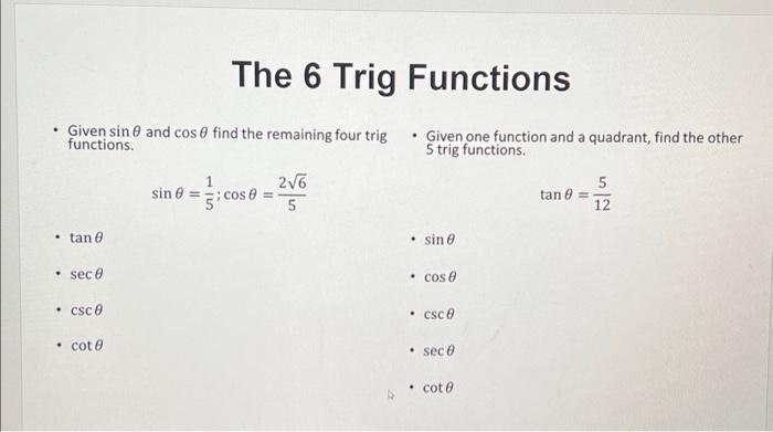 Solved The 6 Trig Functions - Given sinθ and cosθ find the | Chegg.com