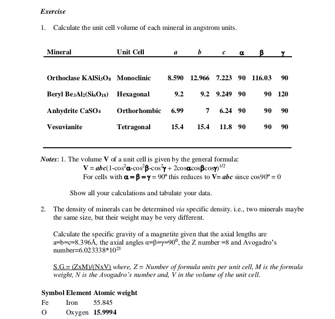Solved Exercise 1. Calculate the unit cell volume of each | Chegg.com