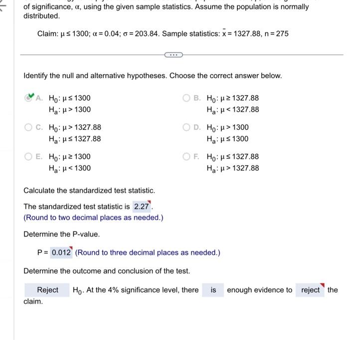 Solved of significance, α, using the given sample | Chegg.com