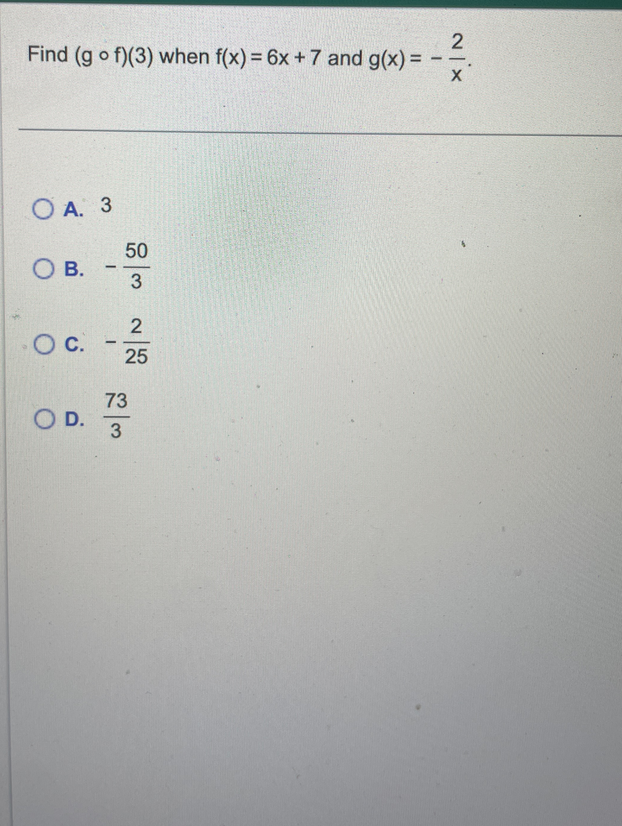 Solved Find (g@f)(3) ﻿when f(x)=6x+7 ﻿and | Chegg.com