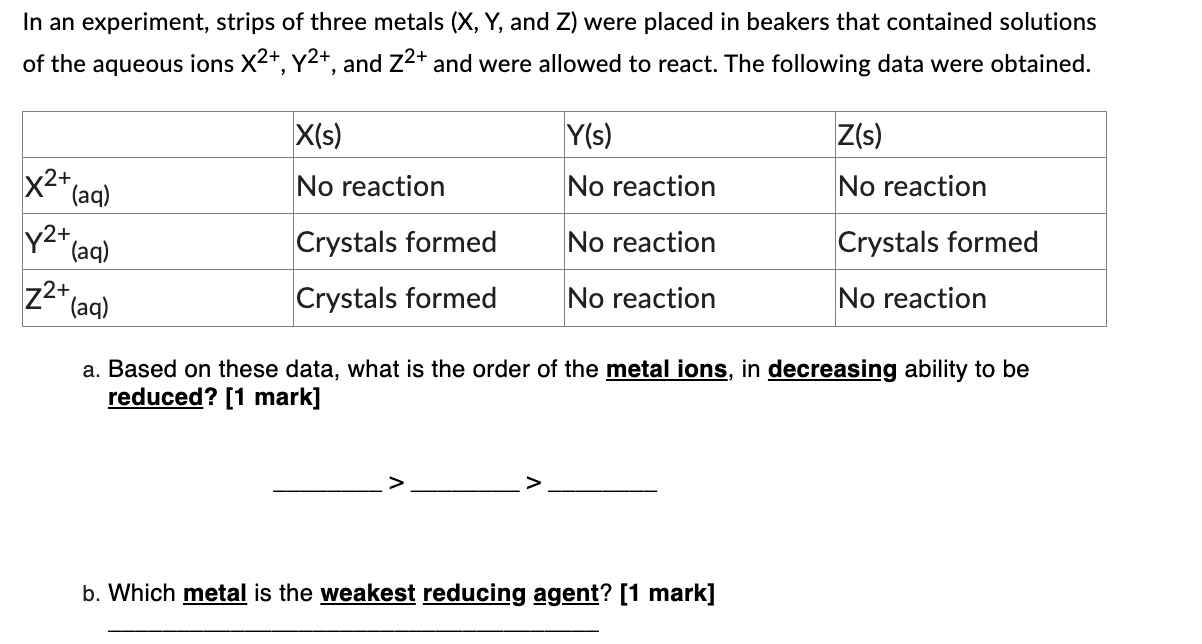 In an experiment, strips of three metals | Chegg.com