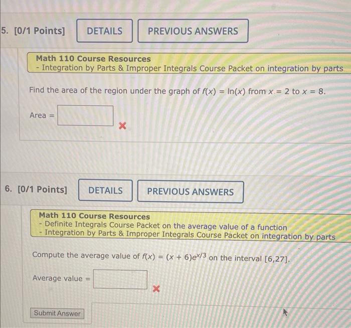 Solved Math 110 Course Resources - Integration by Parts \& | Chegg.com