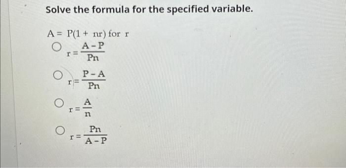 Solved Solve the formula for the specified variable. | Chegg.com