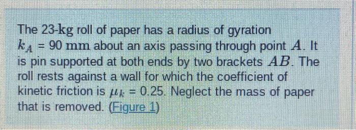 Solved The 23−kg roll of paper has a radius of gyration | Chegg.com