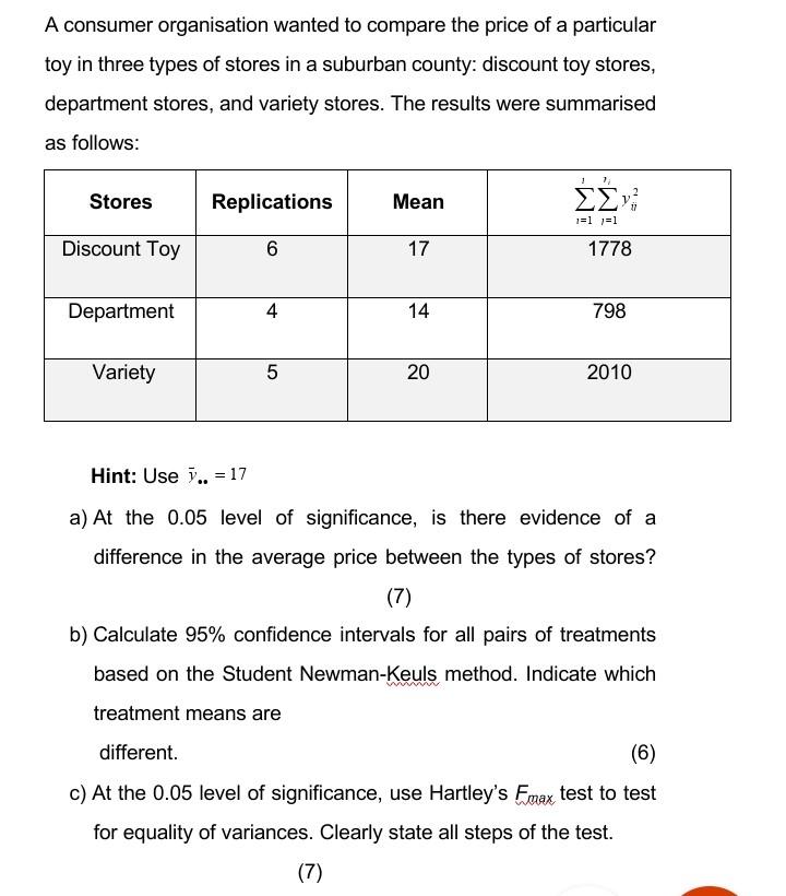 Solved A consumer organisation wanted to compare the price | Chegg.com
