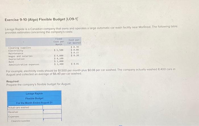 Solved Exercise 9-10 (Algo) Flexible Budget [LO9-1] Lavage | Chegg.com